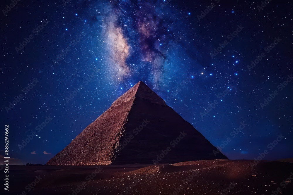 ancient pyramid silhouetted against starry night sky milky way arching ...