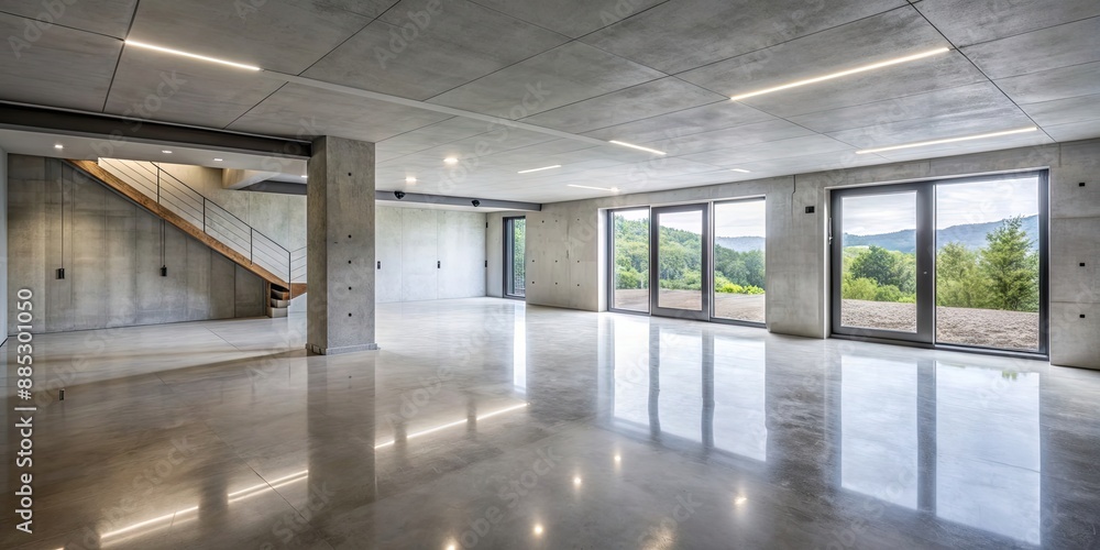 Modern concrete basement subground hall with natural daylight through ...