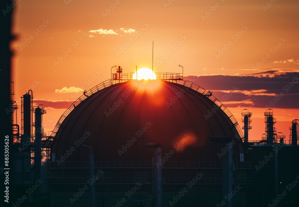 Various gas storage tanks in industrial settings. Various spherical gas ...