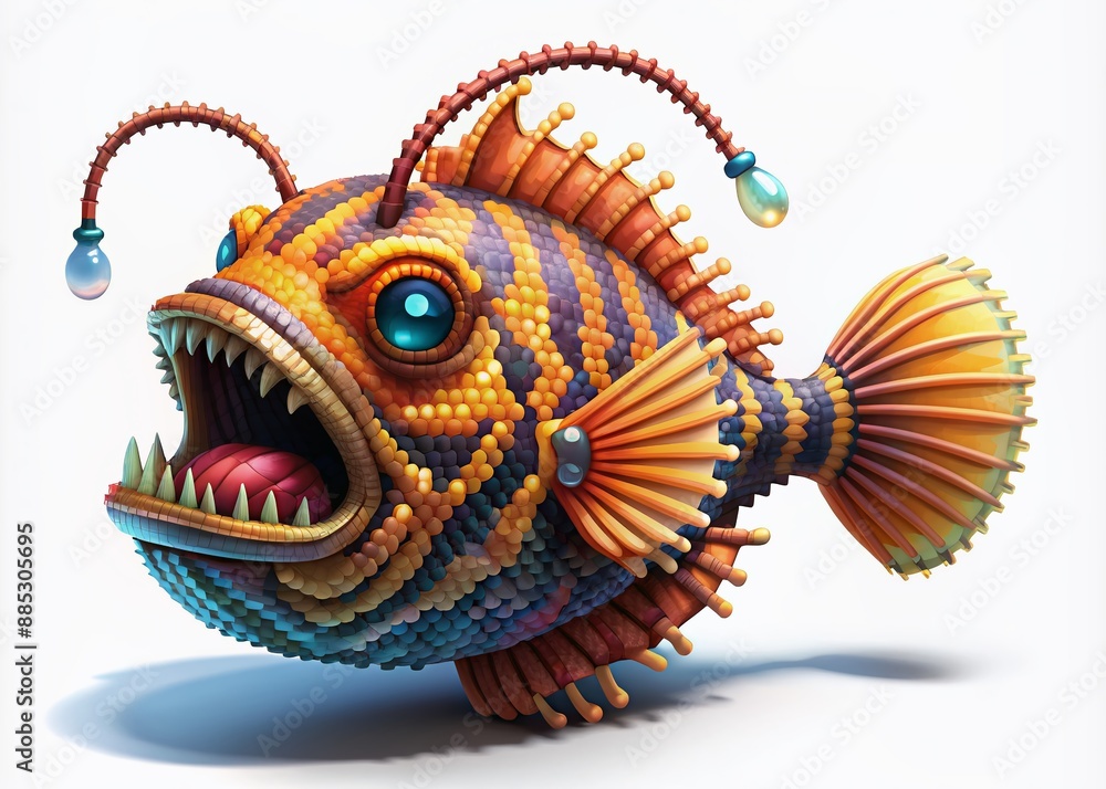 Vibrant 3D pixel art anglerfish illustration in isometric style ...