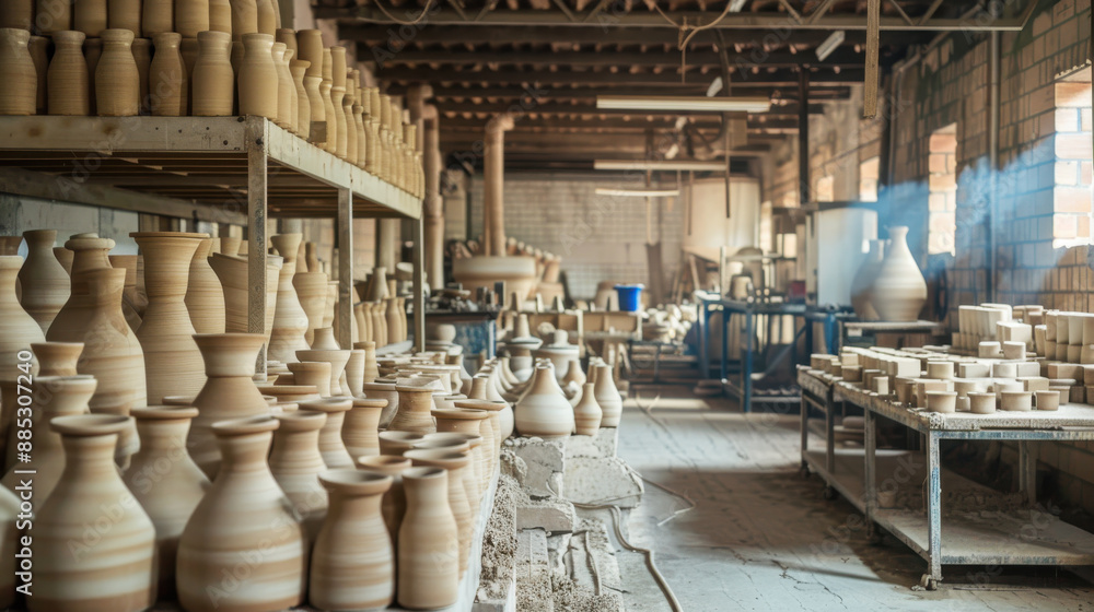 A modern pottery factory with automated kilns firing a large batch of ...