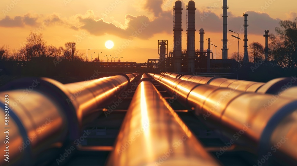 In the evening, a view of a natural gas processing plant with huge ...