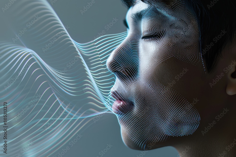 Profile of a man's face and sound waves wooks that pass through it ...