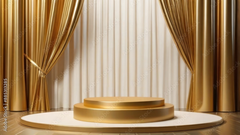 Luxury gold stage podiums with curtains. 3D render collection of ...