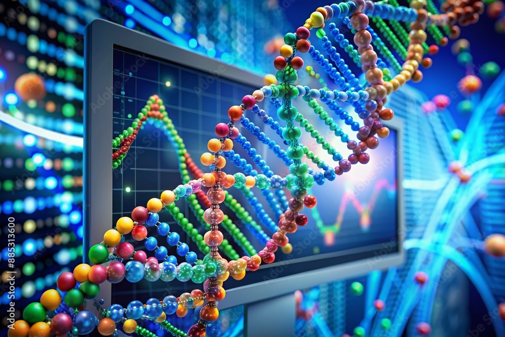 Colorful genomic data visualization on a computer screen shows DNA ...