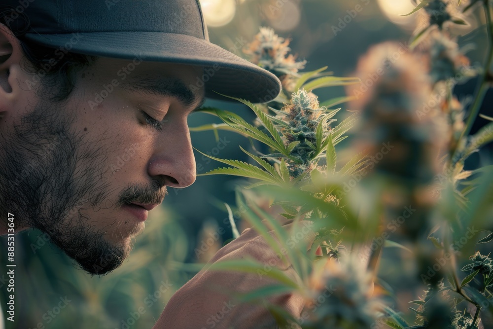 Quality Cannabis Aroma, Man Growing and Smelling His Flowering ...