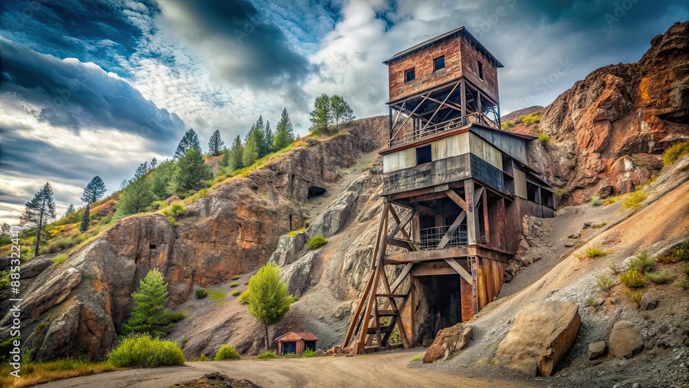 Eerie view of abandoned mine shaft with stark rock faces and profound ...