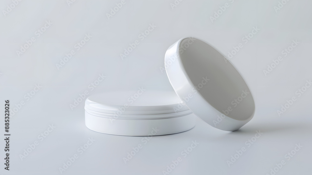 product photography of an open bank white round pill container Stock ...