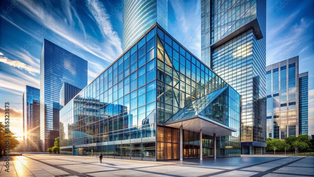 Sleek, contemporary financial institution with gleaming glass and steel ...