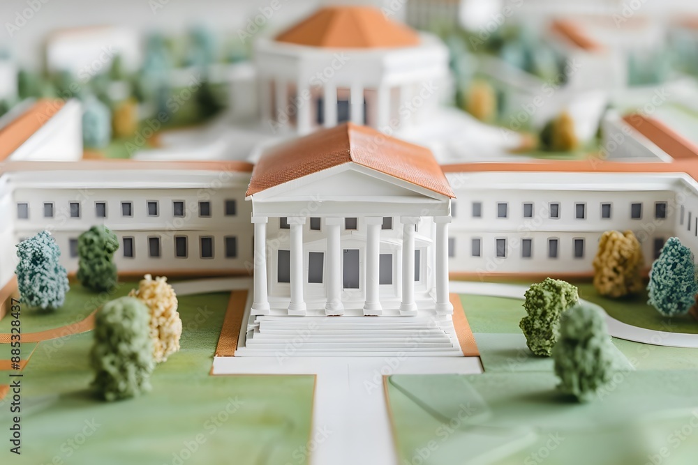 Miniature model of a neoclassical building with columns and surrounding ...