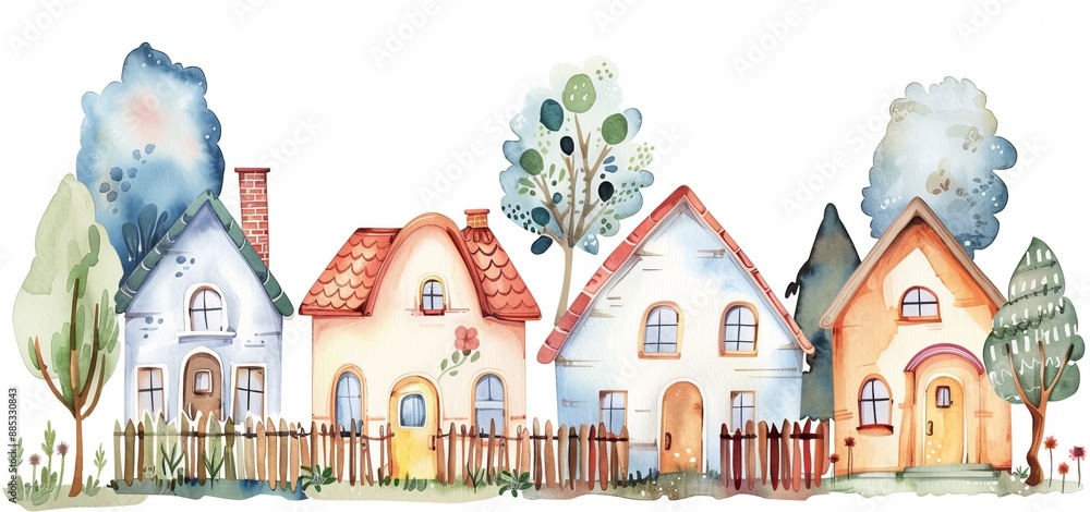 A seamless border with cute houses, watercolor village illustration ...