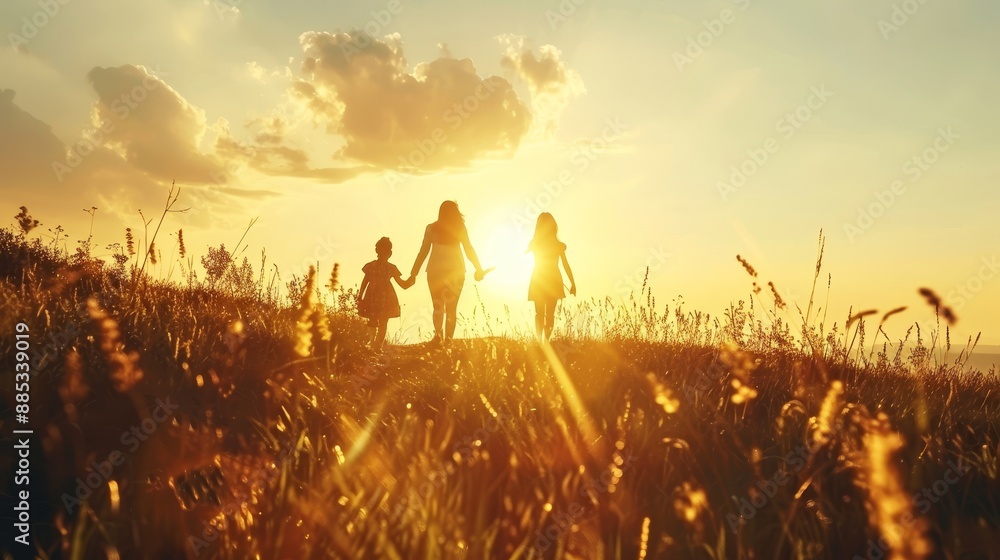 Running sunset. Happy family running. Child running back view. child ...