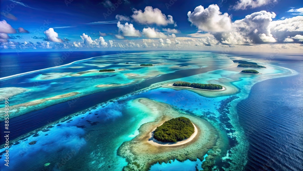 Aerial view of ocean coral atolls, reefs, and stunning shades of blue ...