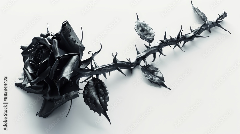 For design layouts, an enigmatic black rose with thorns on a ...
