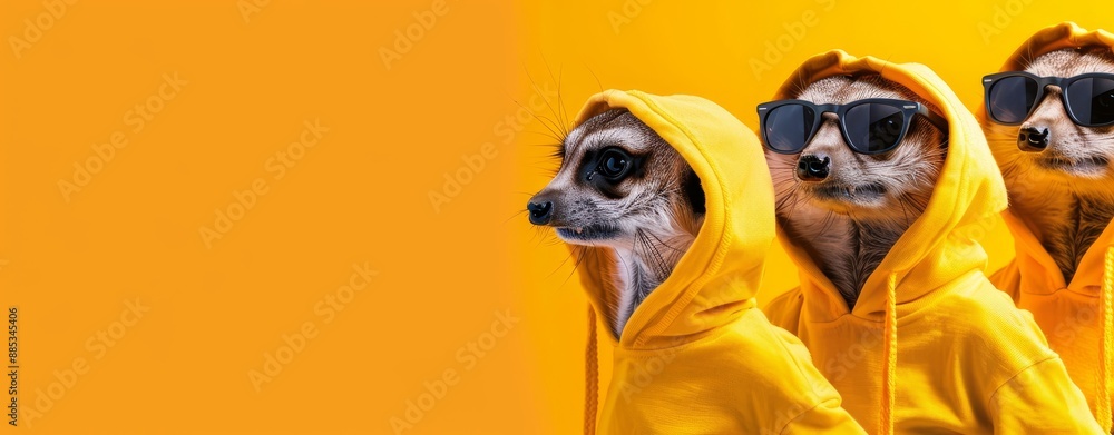 Animal concept. Meerkats in a group with vibrant bright fashion outfits ...