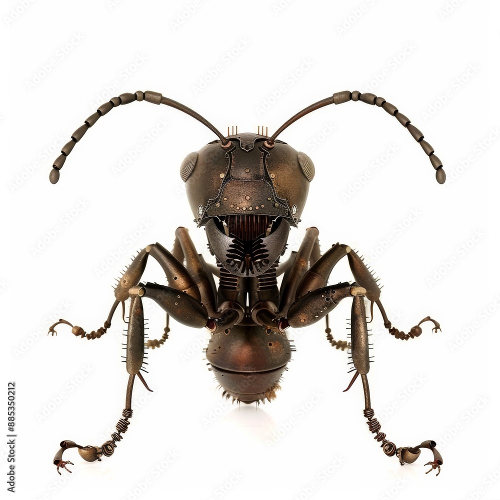 An ant with segmented antennae and strong mandibles and a shiny ...
