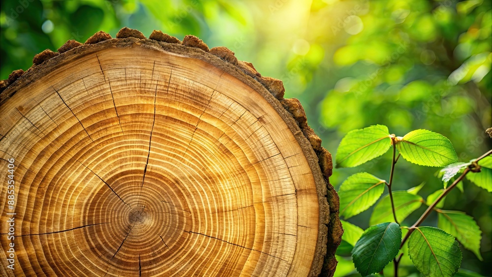 Cross section of tree trunk with green leaves and visible rings, tree ...