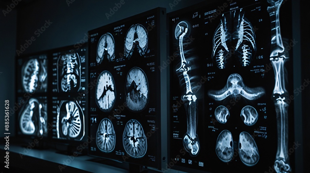 The monitor displays a neurological x-ray diagram. Body structure ...