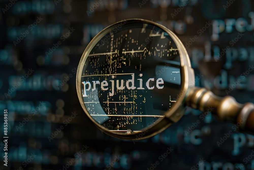 Magnifying glass highlighting the word "prejudice" with digital text ...