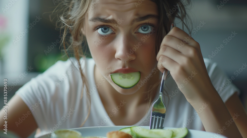 An unhappy depressed girl with a piece of cucumber and a food plate ...