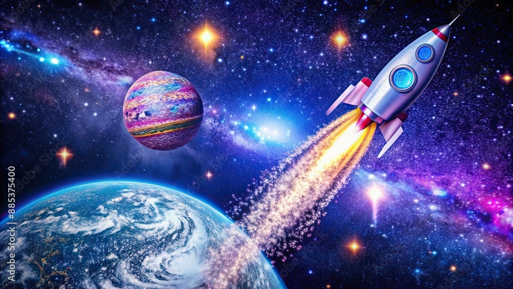 Rocket ship launching from glitter planet with starry sky and large ...