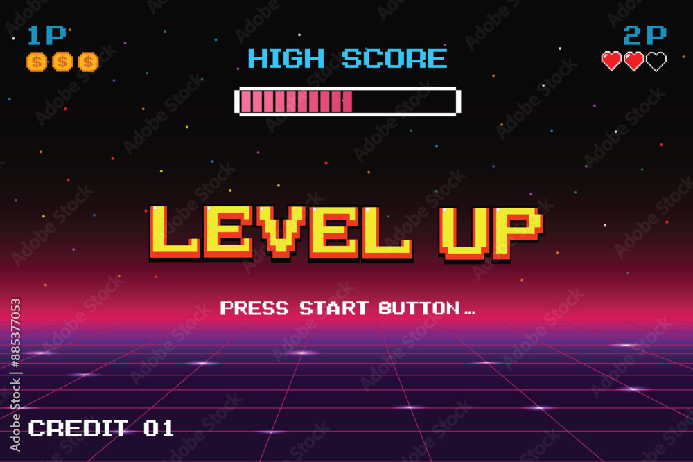 LEVEL UP INSERT A COIN TO CONTINUE .pixel art .8 bit game. retro game ...
