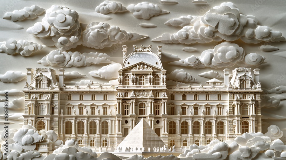 Detailed paper cut art of the Louvre Museum with tourists admiring the ...