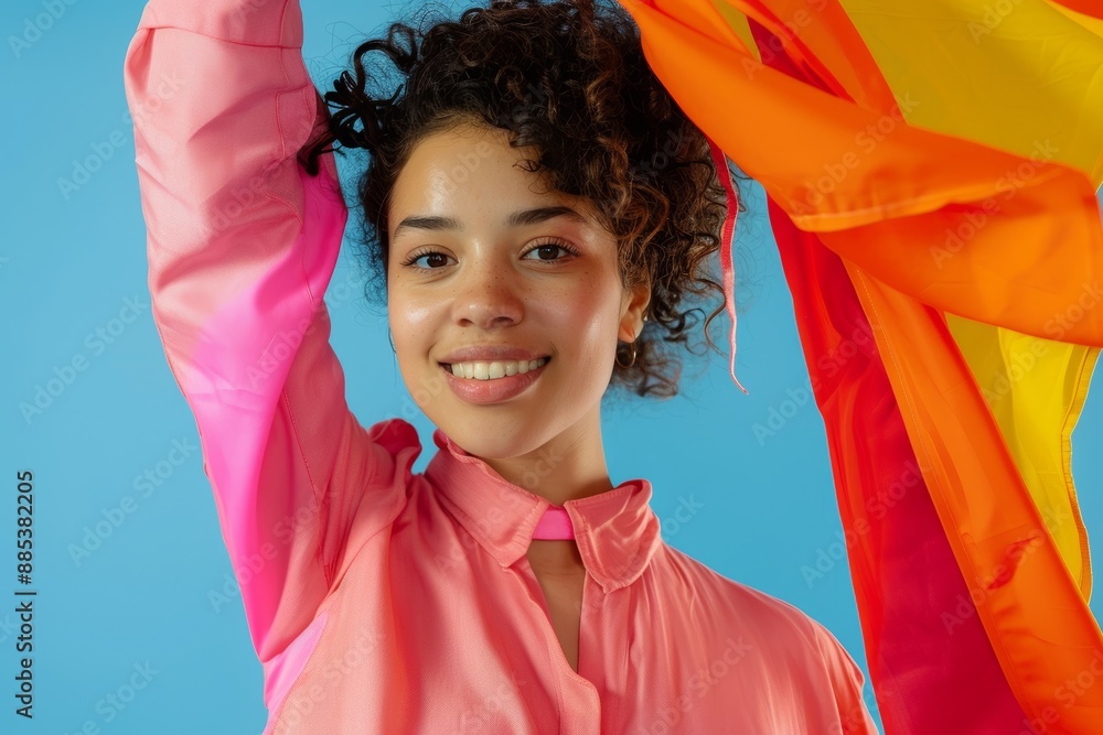 LGBTQ woman, flag, and studio portrait with blue background shows ...