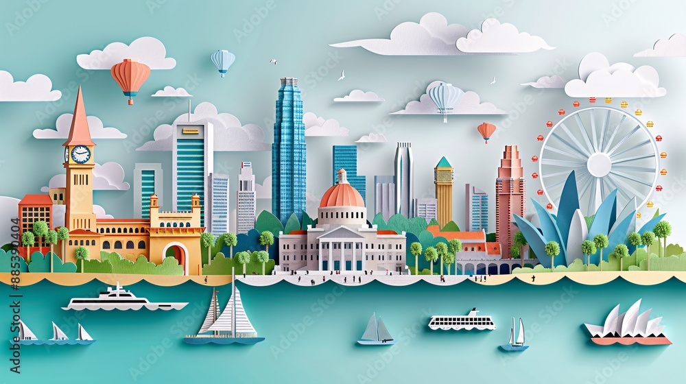 Scenic paper cut art of Sentosa Island with beachgoers and iconic ...