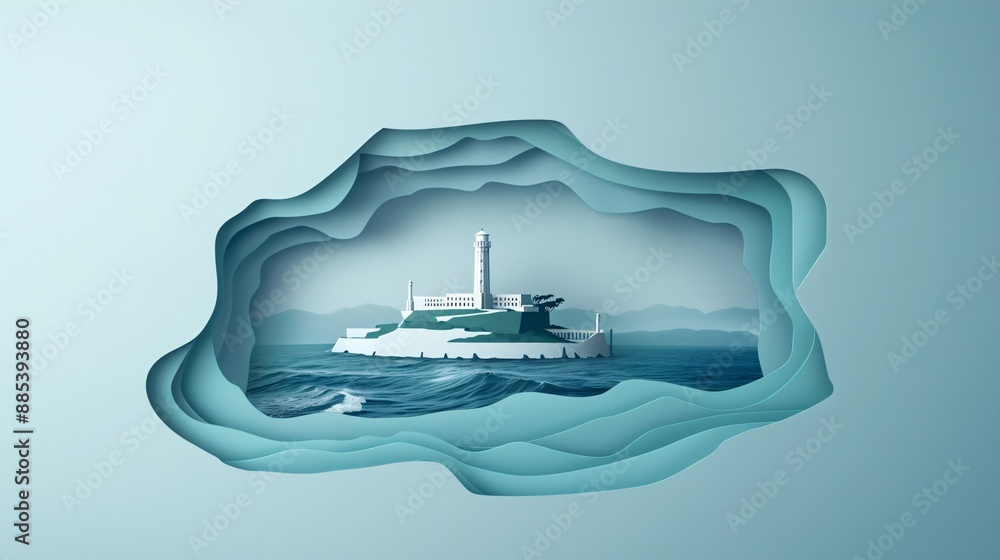 Artistic paper cut scene of Alcatraz Island with detailed views of the ...