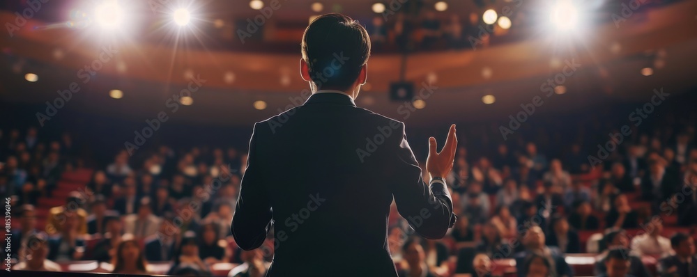 A business leader giving an interview on stage in front of the audience ...