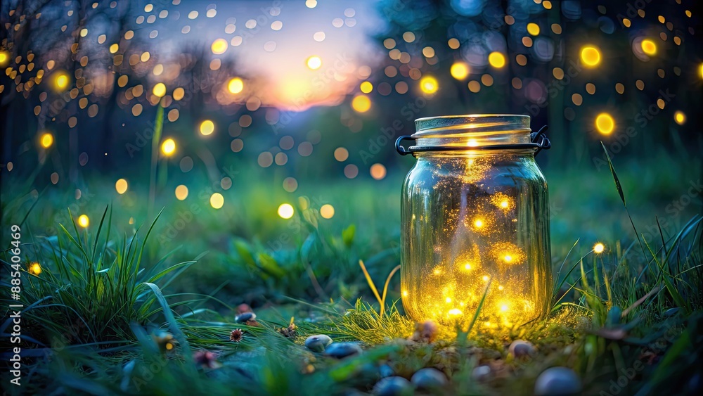 Magical jar of fireflies glowing in a night-time meadow with bokeh ...