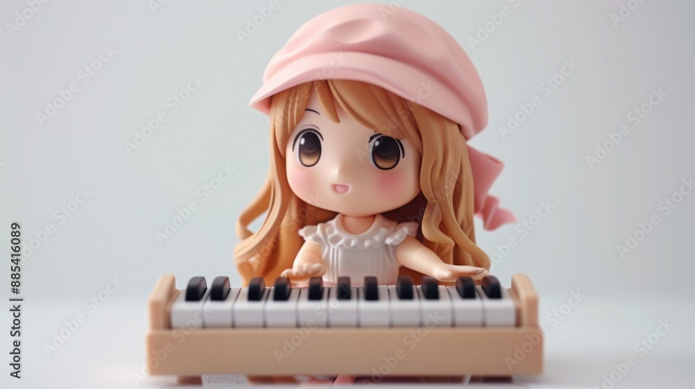 Adorable clay musician girl with hat playing piano, full body, facing ...