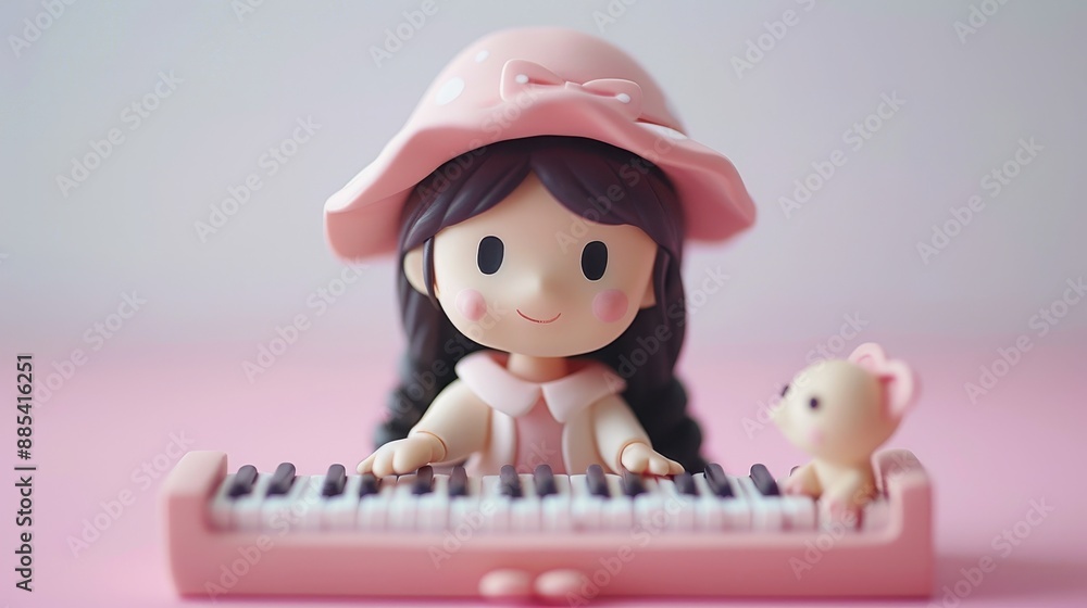Adorable clay musician girl with hat playing piano, full body, facing ...