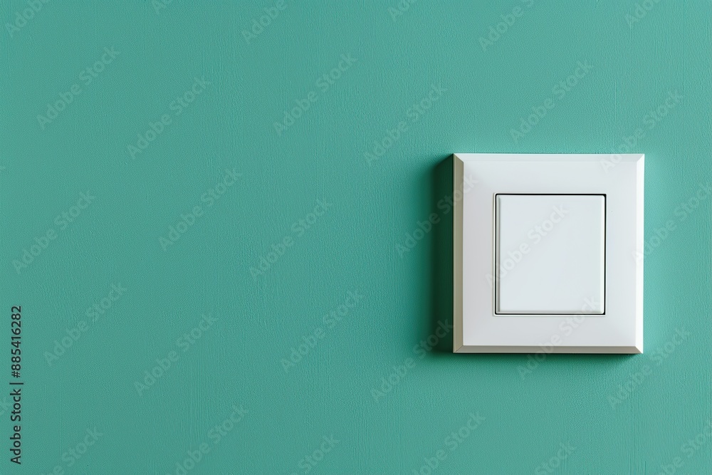 White light switch on a green painted wall. Square shaped rocker switch ...