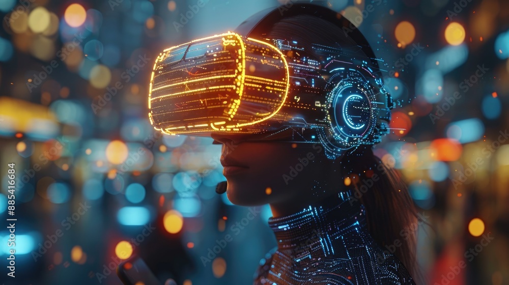 Foto de Futuristic woman wearing advanced VR headset, exploring virtual ...