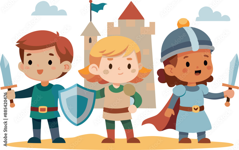 Cute cartoon illustration of three kids dressed as knights with swords ...