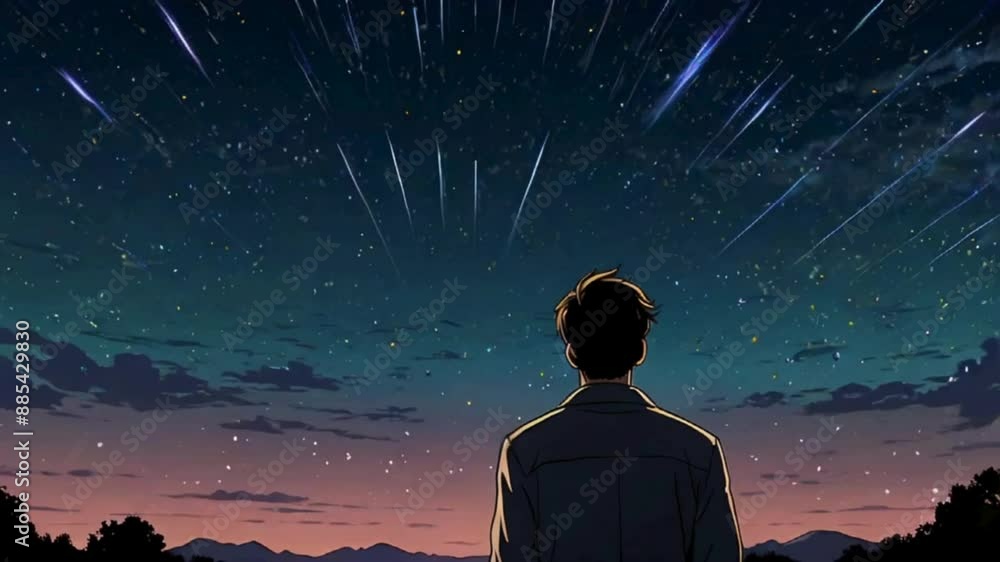 Anime Boy Silhouette Looking Up at Night Sky with Multiple Shooting ...