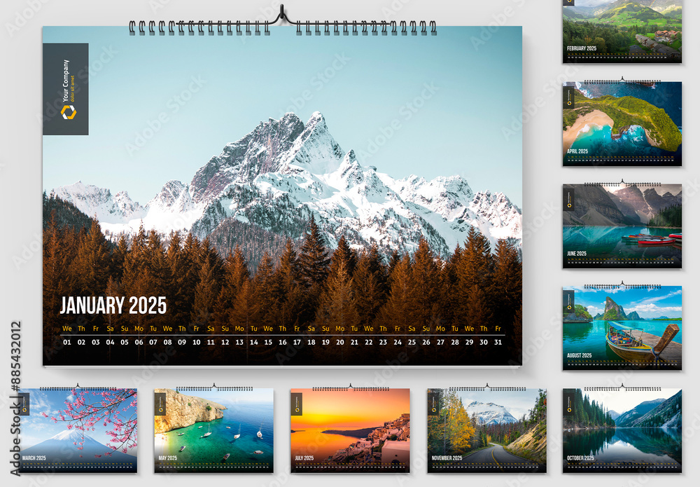 Landscape Calendar 2025 Layout Stock Template | Adobe Stock