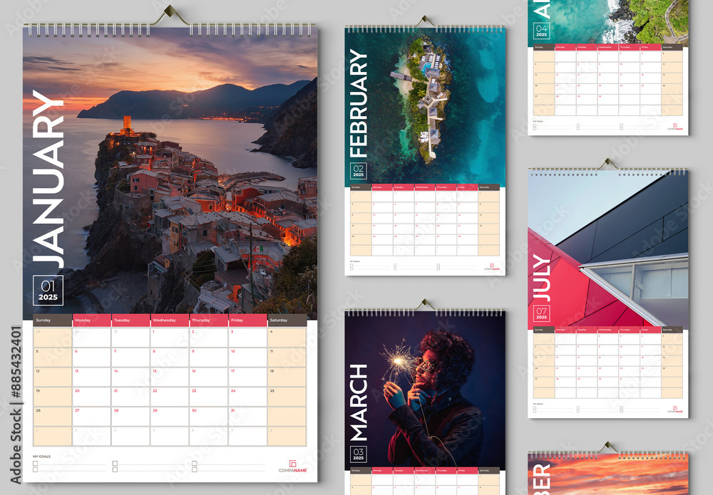 Tabloid Calendar Planner 2025 Layout with Pink Accents Stock Template ...