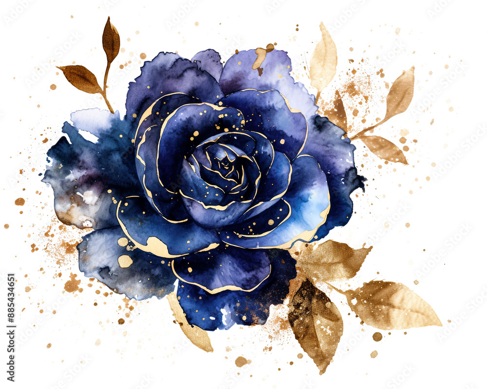 Watercolor blue rose bouquet and gold glitter leaves, transparent ...