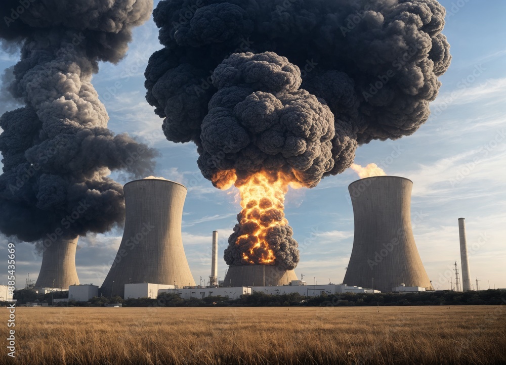 nuclear power plant exploding with a huge mushroom cloud, creating a ...