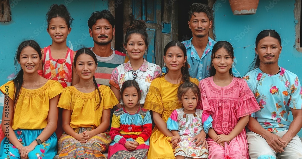 Family of Ten in Colorful Traditional Clothing, Posing for a Picture ...