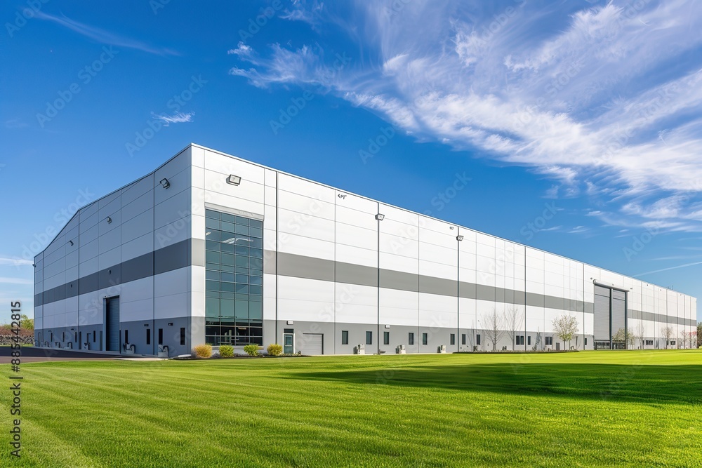 Modern warehouse facade on a sunny day, distribution center. Industrial ...