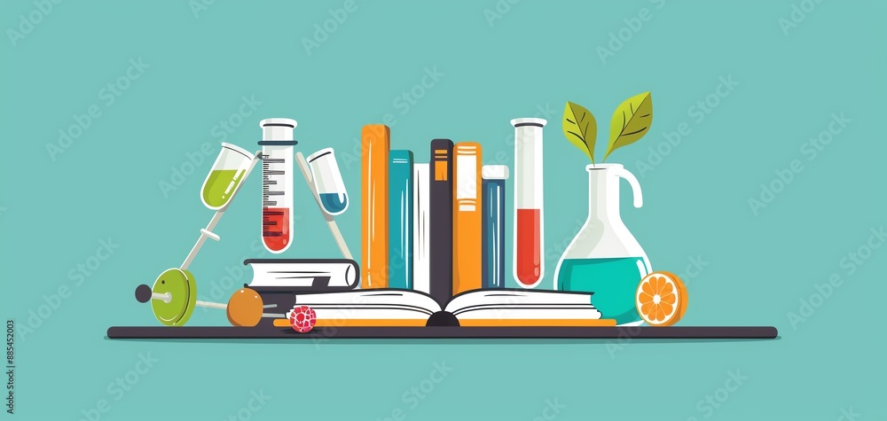 Modern science book illustration with laboratory glassware including ...