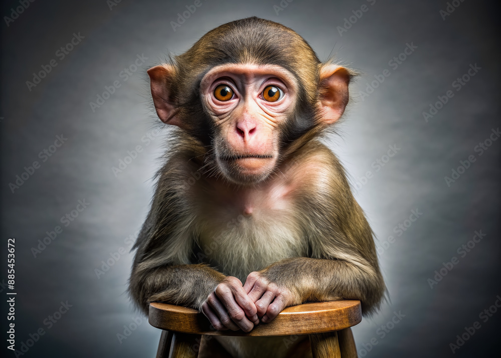 Adorable primate with furrowed brow and pursed lips sitting on a stool ...