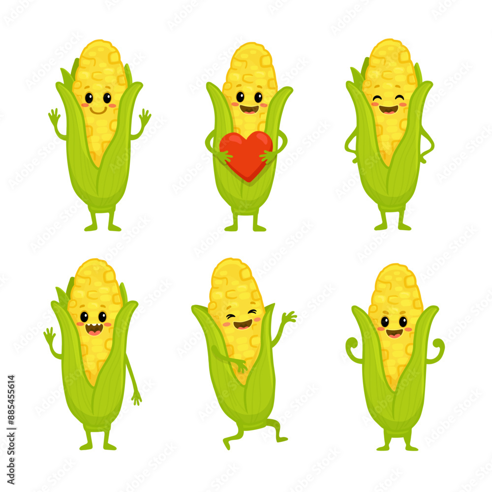 set of Cute cartoon corn characters with emotions. Cute corn cob with ...