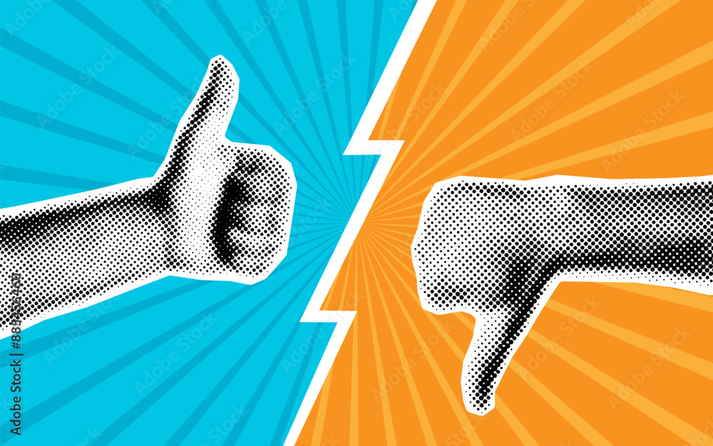 Vetor de Cool Halftone comic dotted collage with hand showing thumbs up ...