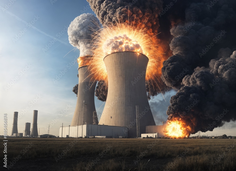 nuclear power plant exploding with a huge mushroom cloud, creating a ...