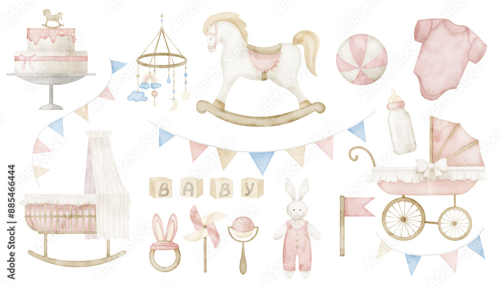 Baby Toys watercolor set with rocking Horse, pram and cradle for cute ...